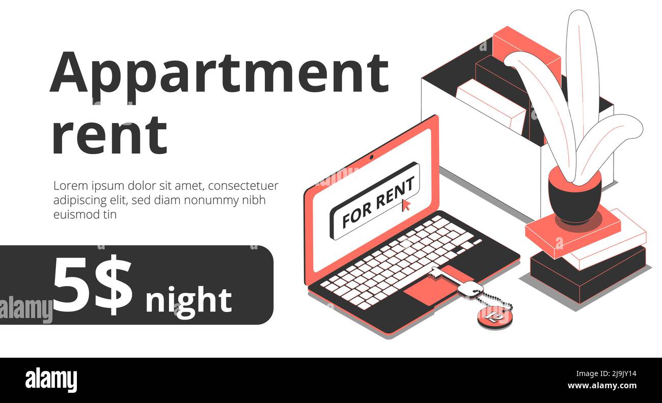 Apartment rent banner isometric background with workspace elements keys ...