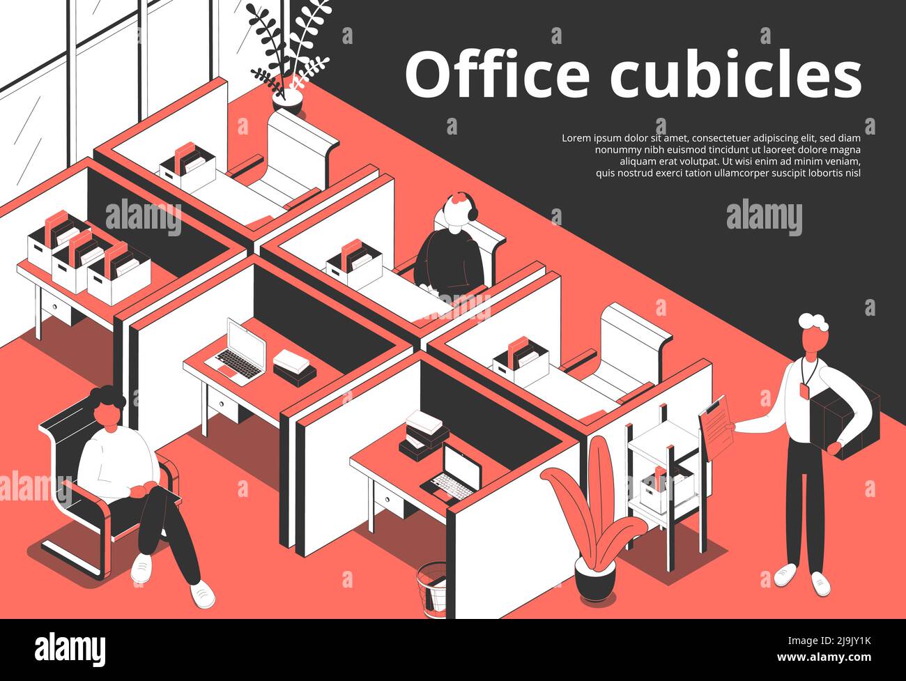 Office cubicles isometric background with editable text and composition ...
