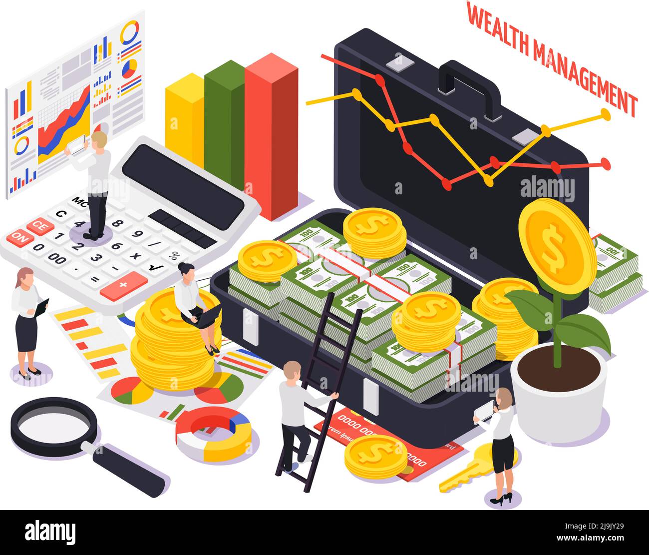 Colored isometric wealth management composition with different elements and tools for ...