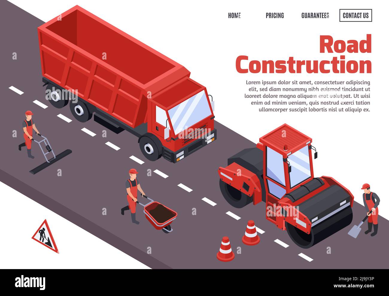 Road construction isometric concept with big headline and red machines ...