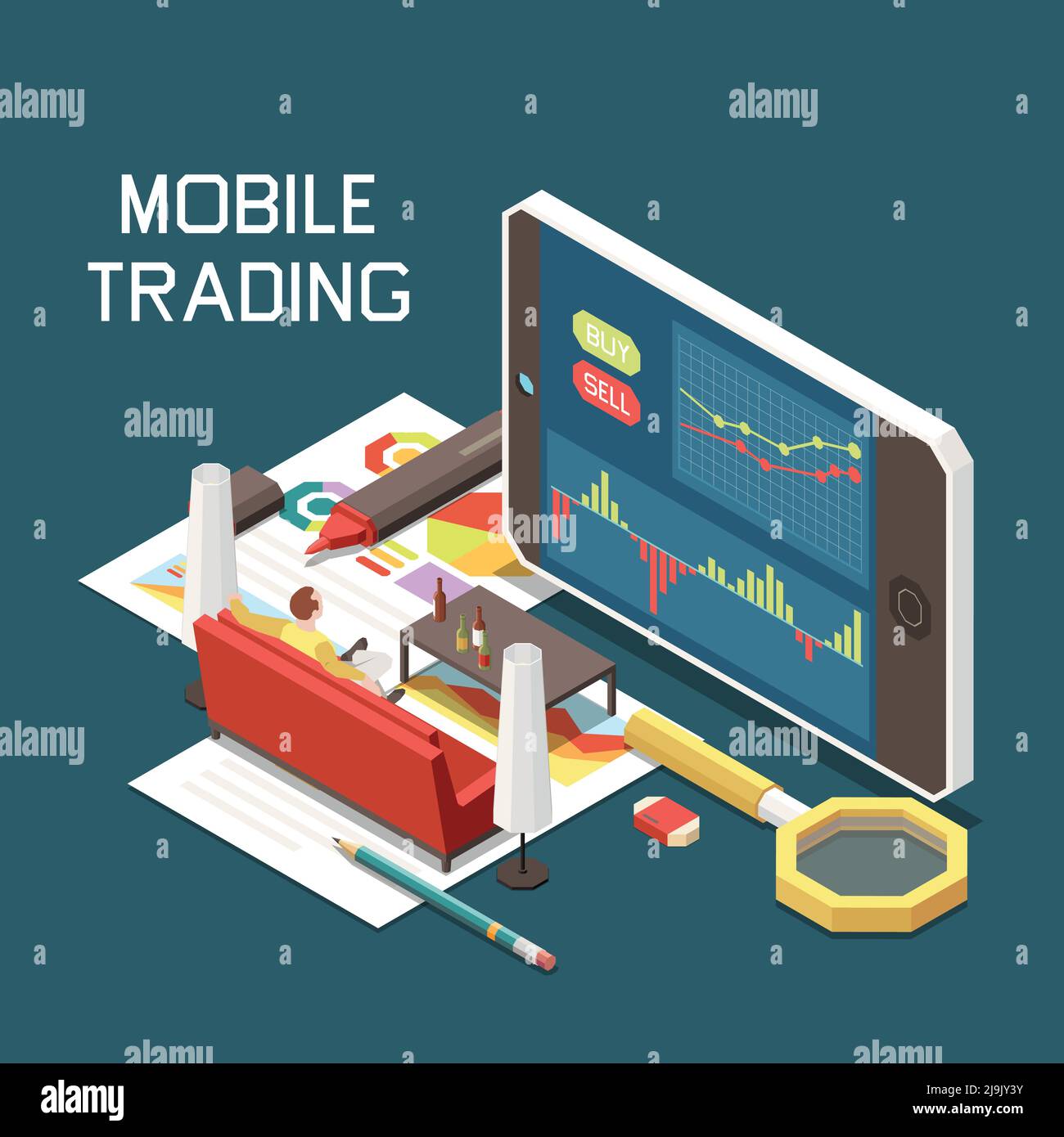 Mobile online trading isometric concept with smartphone and man working ...