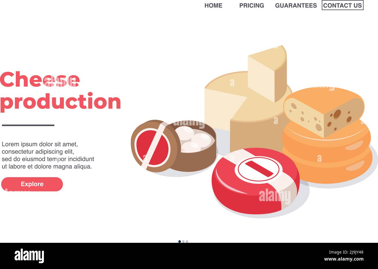 Dairy production page design with cheese production symbols isometric ...