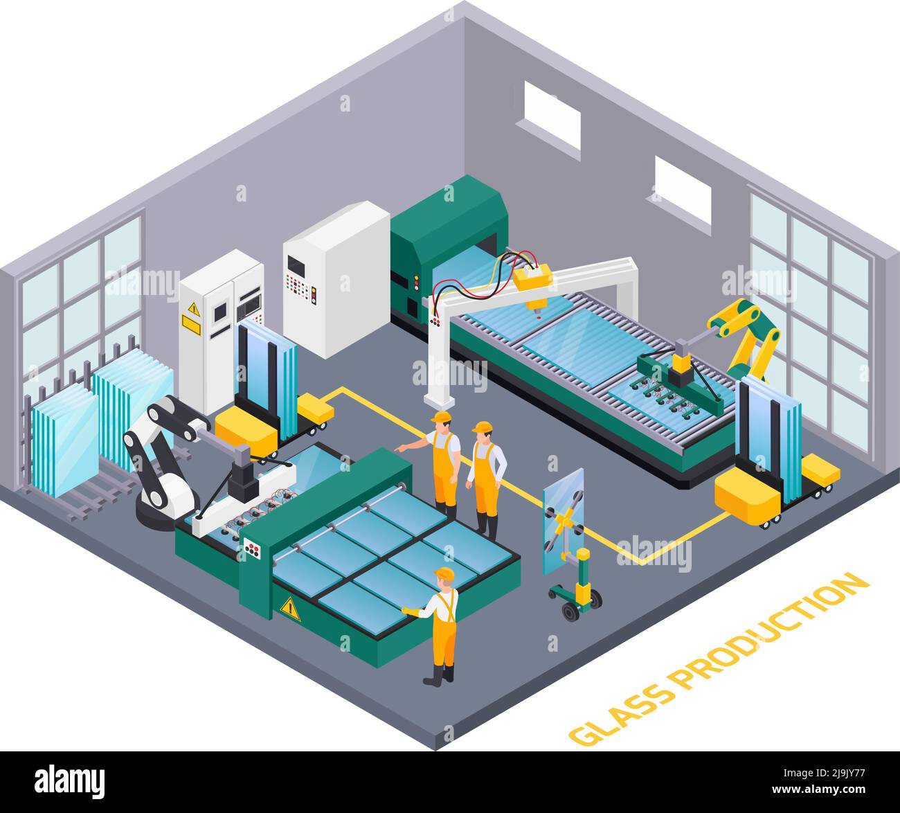 Glass production isometric composition with text and indoor view of ...