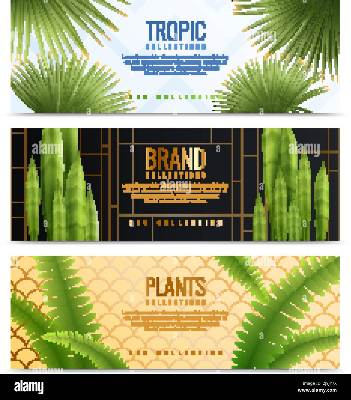 Three house plants in pot banners realistic banner set with tropic ...