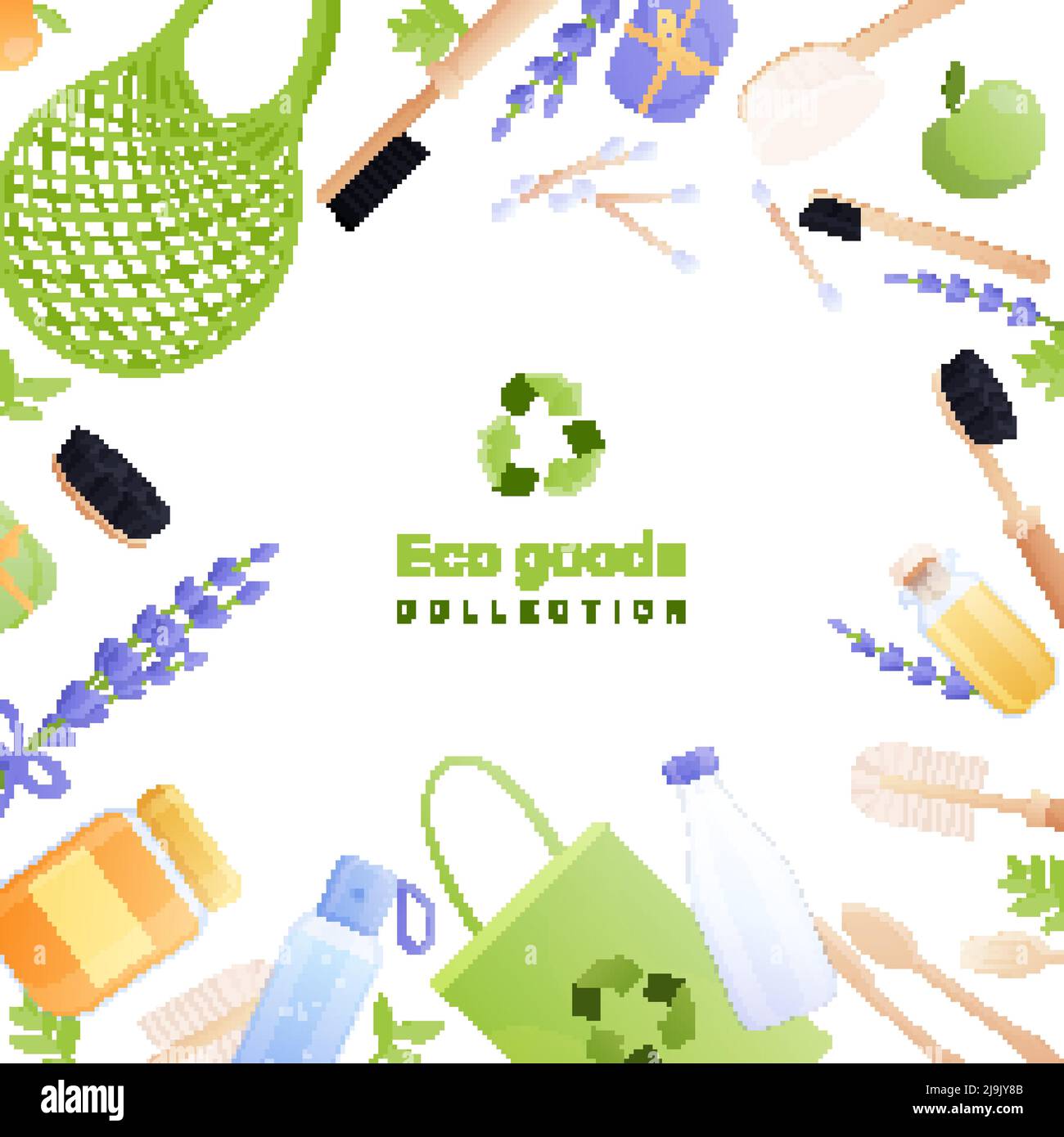 Eco goods flat background composition with collection of bath and body ...