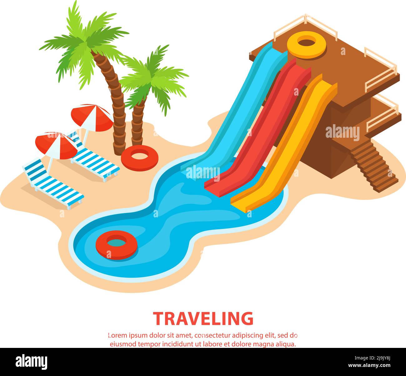 Traveling isometric background with arva park elements palm trees beach ...