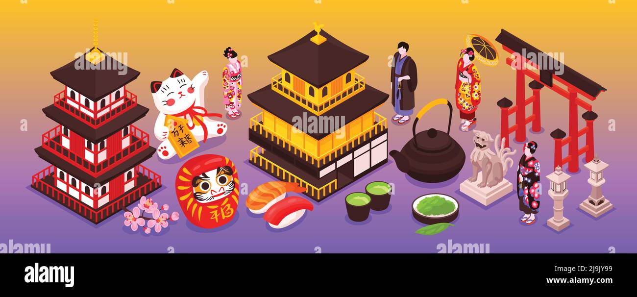 Isometric japan travel narrow composition with isolated traditional ...
