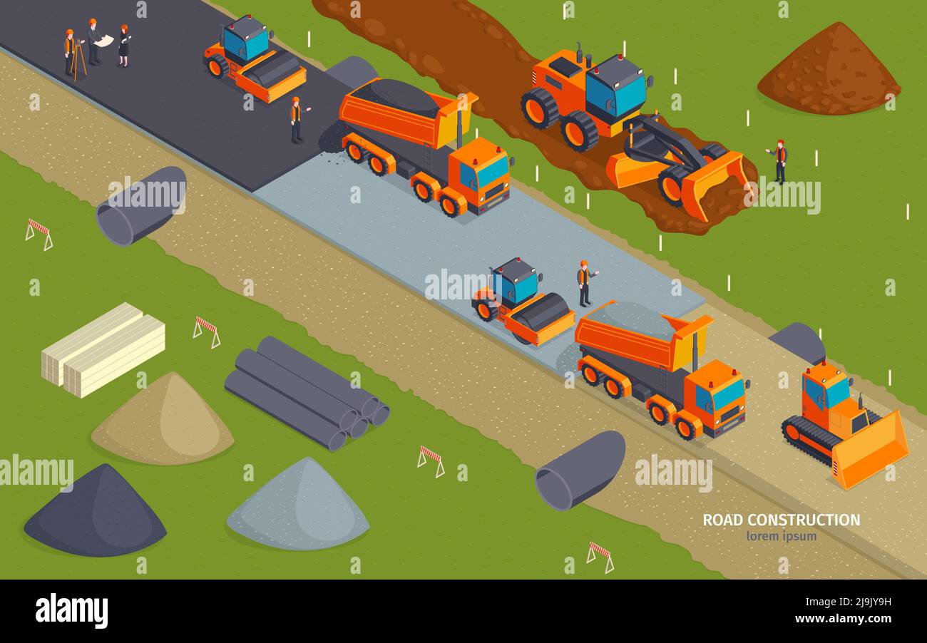 Isometric construction horizontal composition with editable text and ...