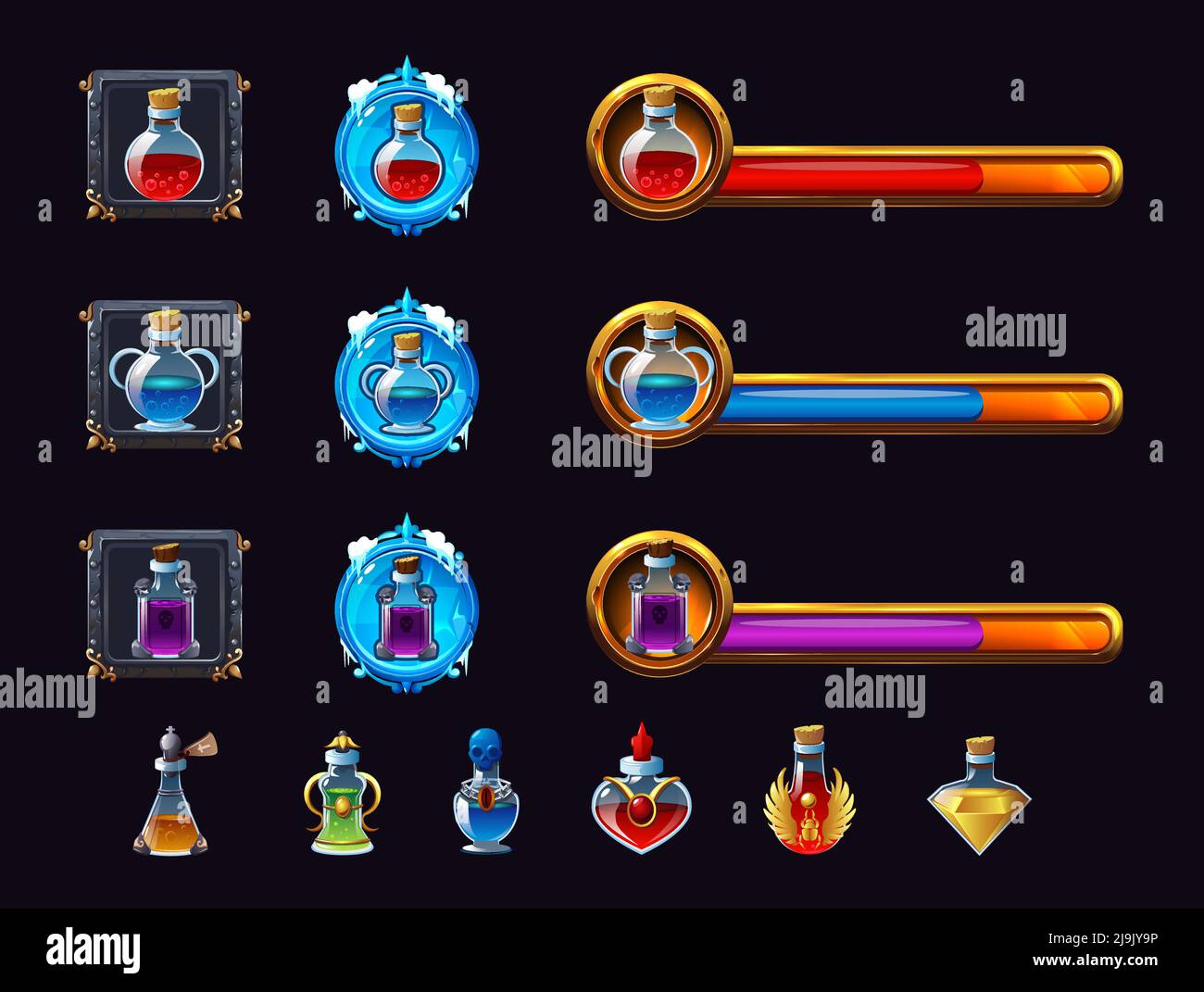 Realistic set of colorful magic potion and indicator symbols for rpg ...
