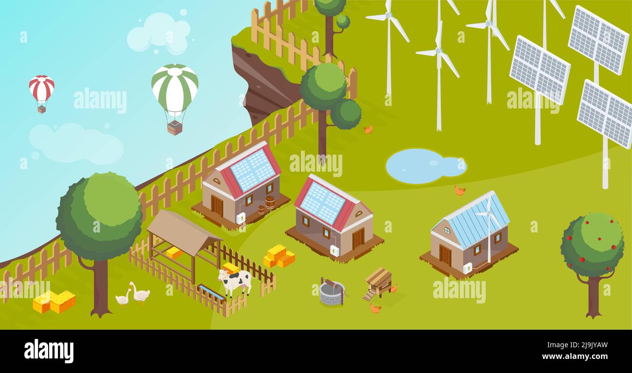 Countryside composition with windmill solar energy battery and baloons ...