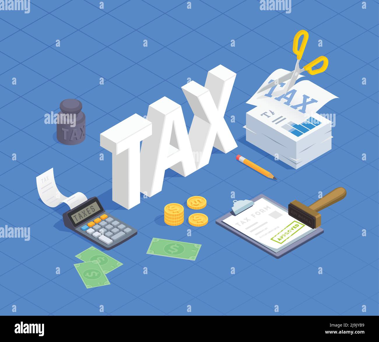 Taxes accounting isometric composition with 3d text surrounded by ...