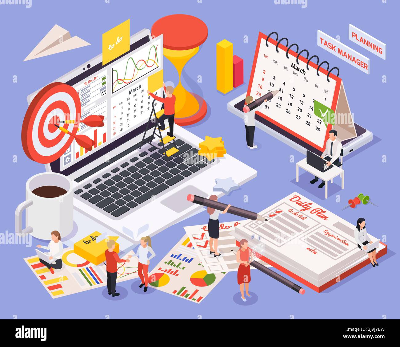 Time management planning schedule isometric concept with daily plan ...