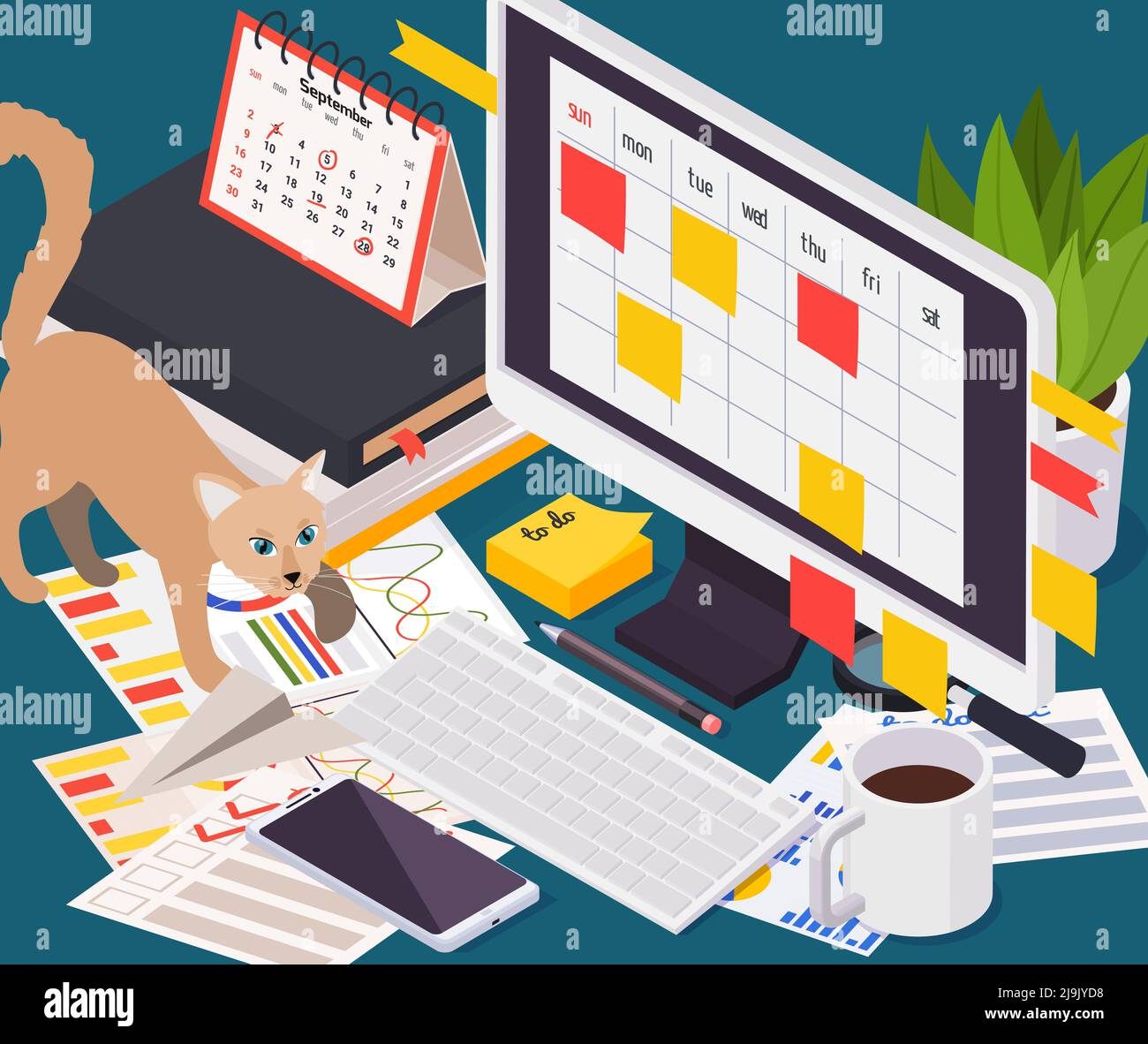 Time management planning schedule isometric colored composition with ...