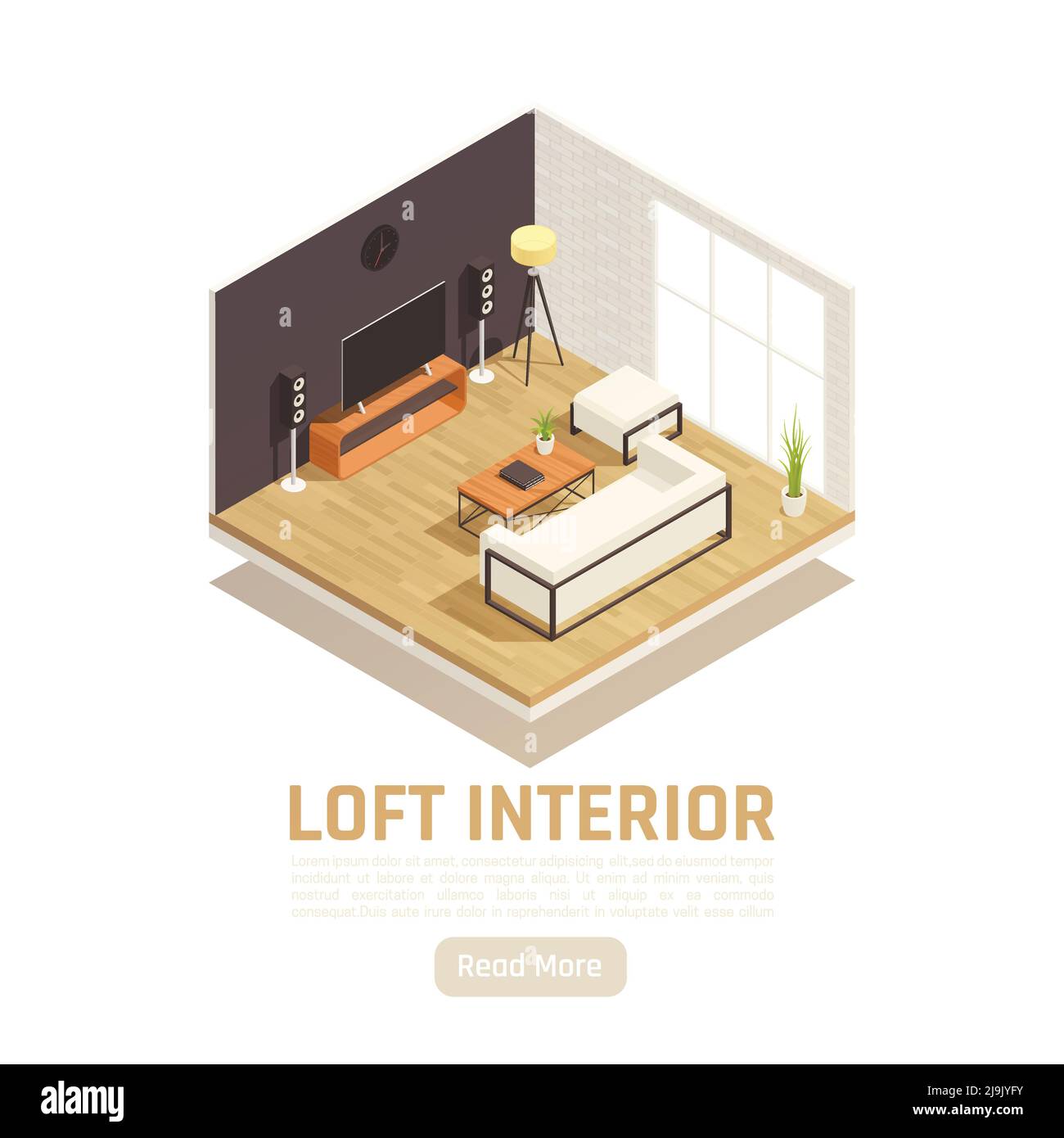 Modern loft home tv movie center interior with glass window wall sofa ...