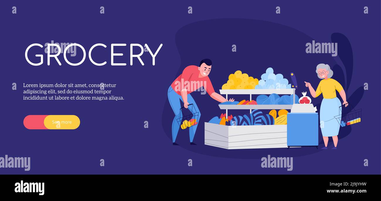 Supermarket and customers poster with grocery department symbols flat vector illustration Stock ...