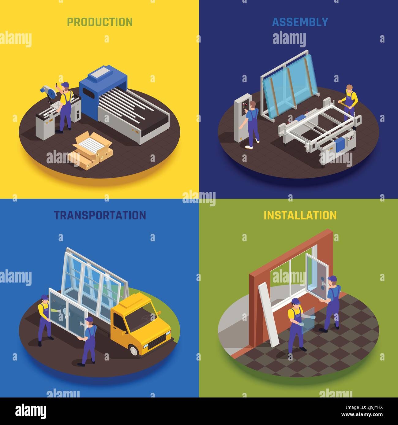 PVC glass window production concept 4 isometric compositions with ...