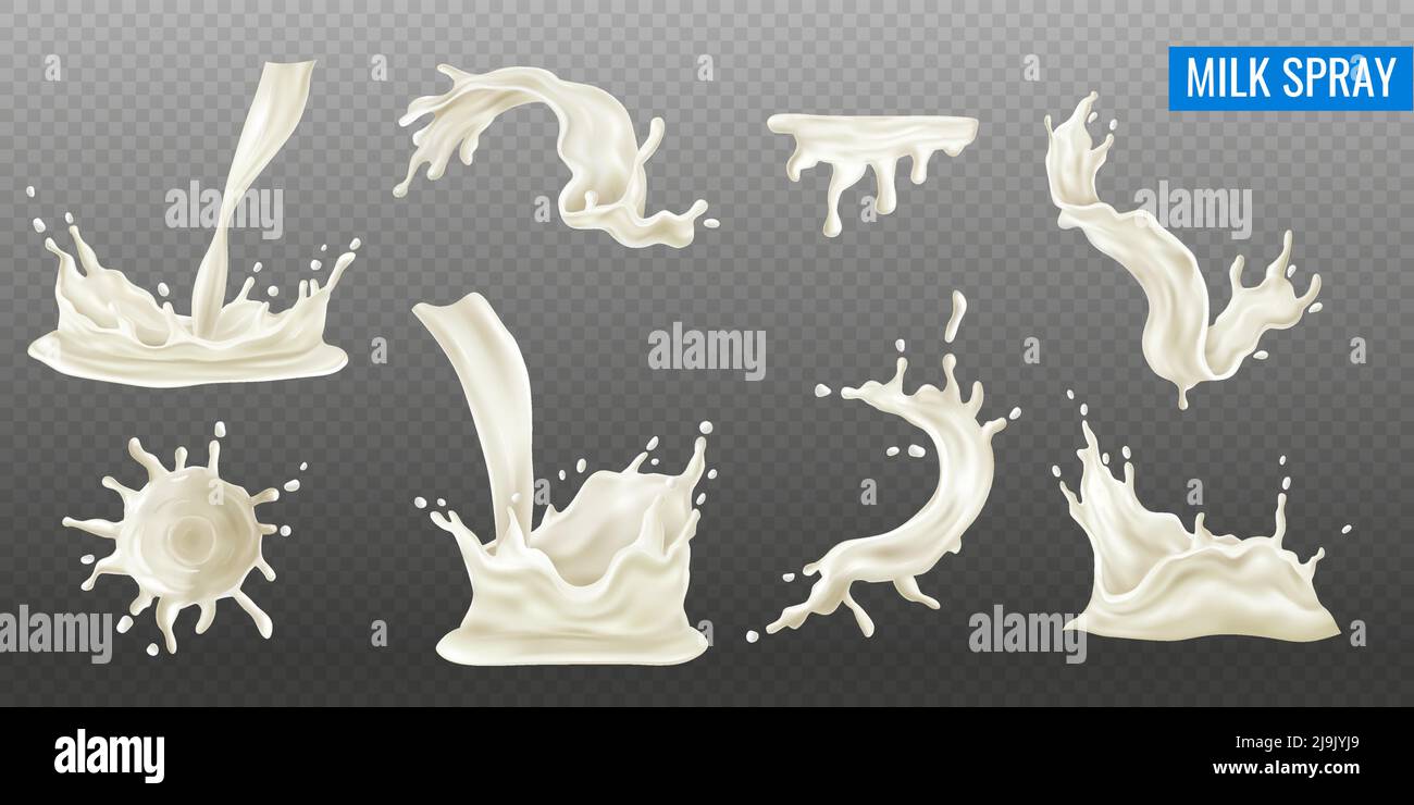 Milk splash and spray realistic transparent set isolated vector ...