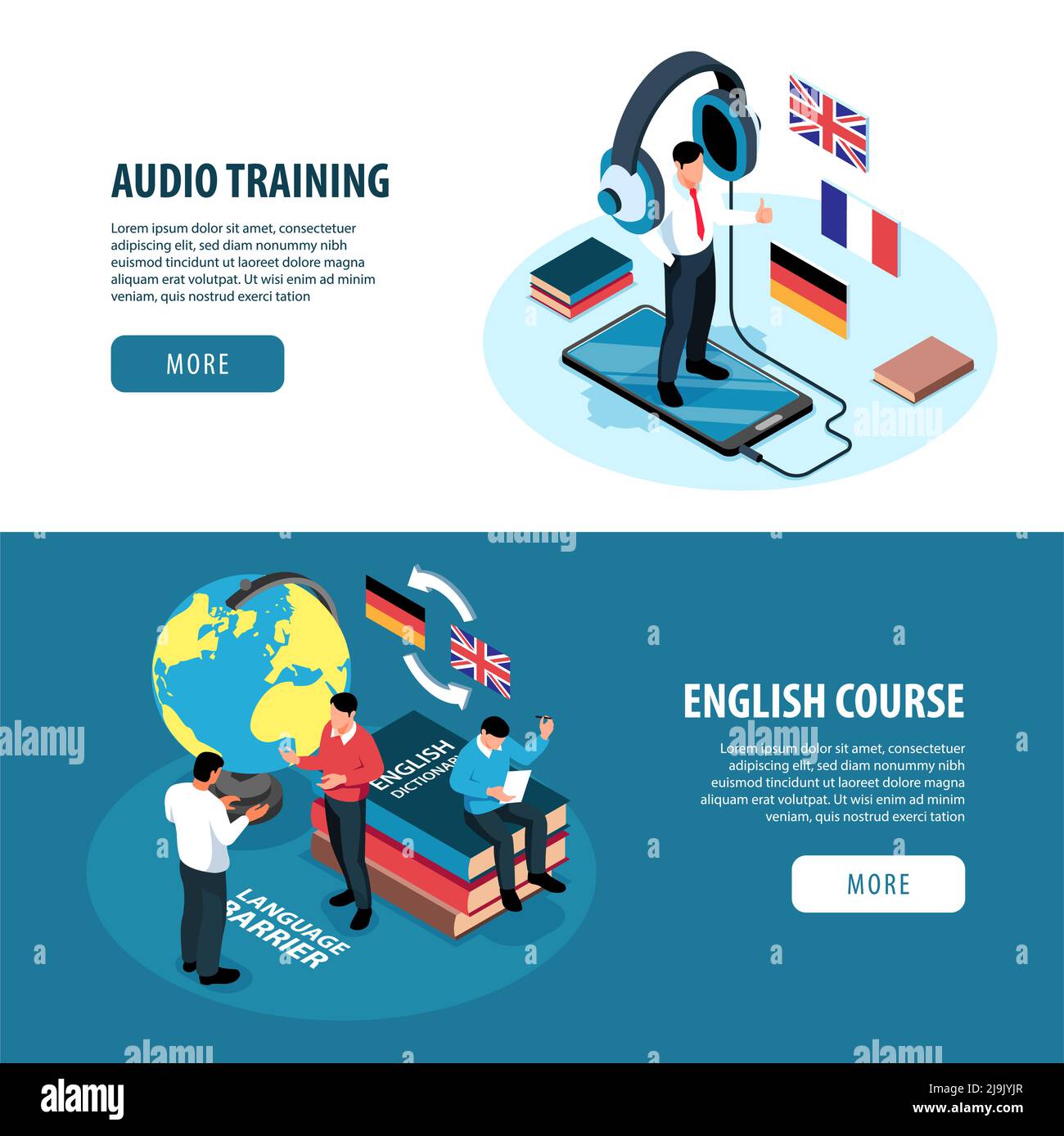 Set of two isometric language training center hotizontal banners with ...