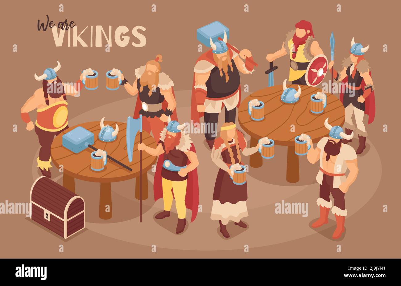 Isometric viking composition with ornate text and characters of vikings ...