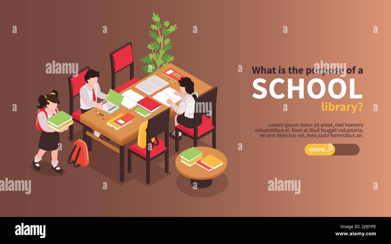 Isometric junior school horizontal banner with kids reading books at ...