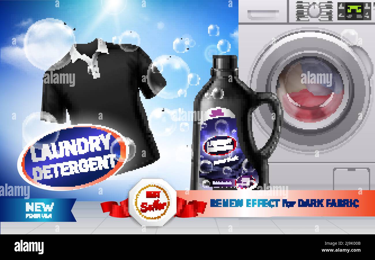 Realistic horizontal laundry detergent banner with renew effect for ...