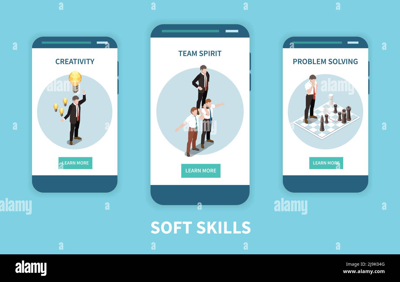 Three vertical soft skills isometric banner set with creativity team ...