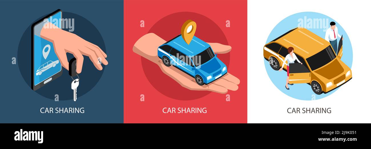Isometric car sharing design concept with three square compositions of ...