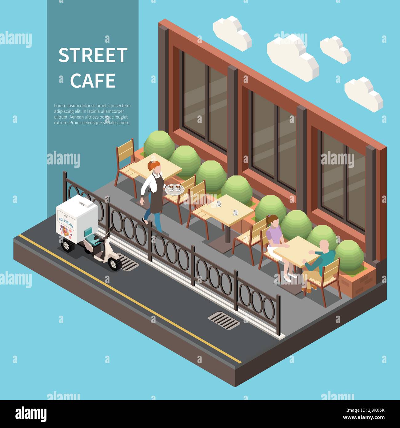Street cafe terrace isometric colored composition with several tables ...