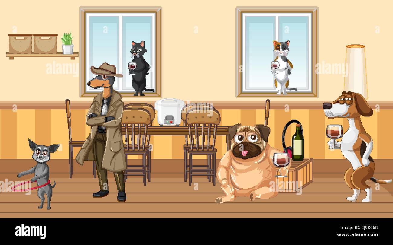 In house scene with dogs drinking wine illustration Stock Vector Image ...