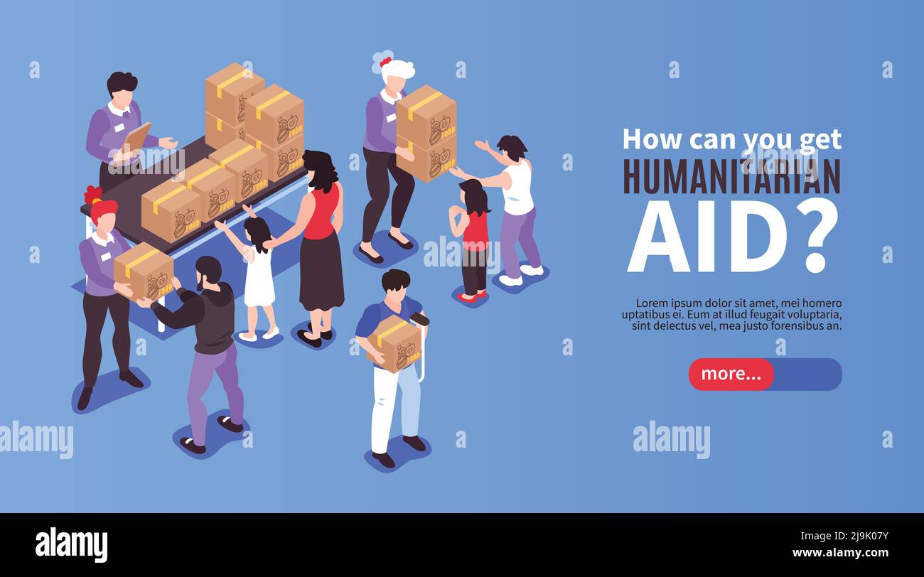 Volunteers giving boxes with humanitarian aid to needy people 3d ...