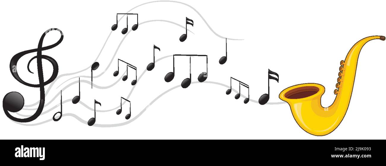 A saxophone with musical notes on white background illustration Stock ...