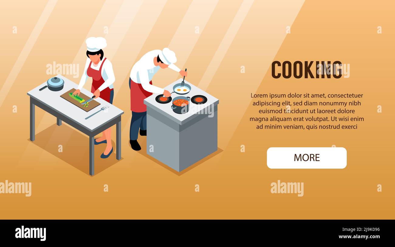 Isometric people cooking horizontal banner with editable text clickable ...