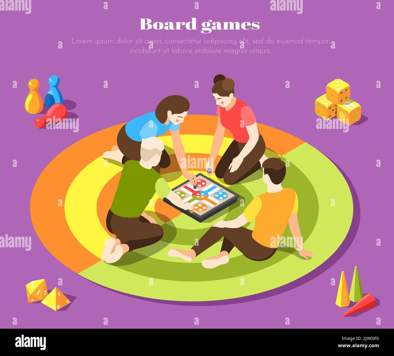 Young people playing together with board game colored background ...