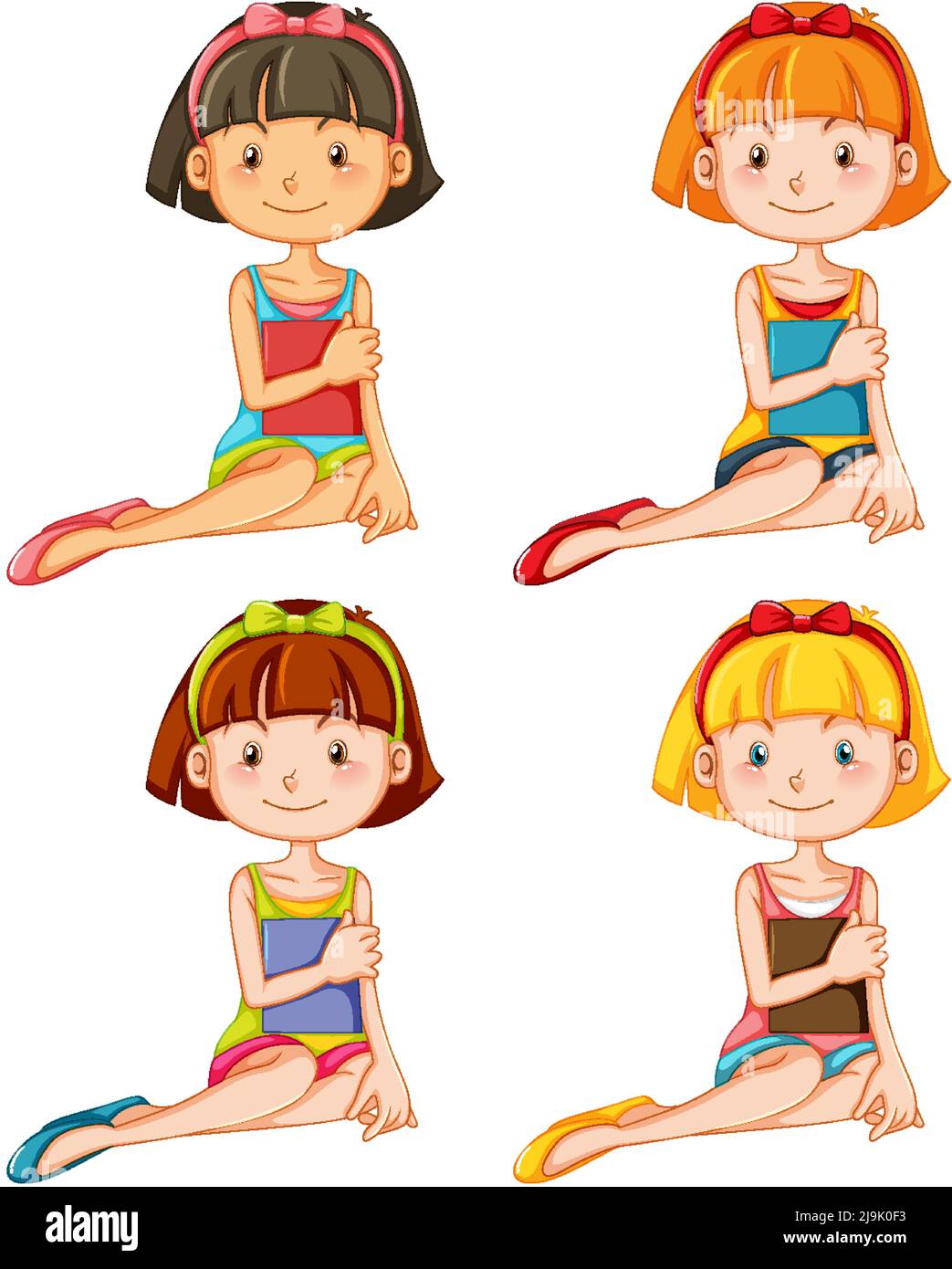 Set of beautiful girl cartoon character sitting and holding a book ...