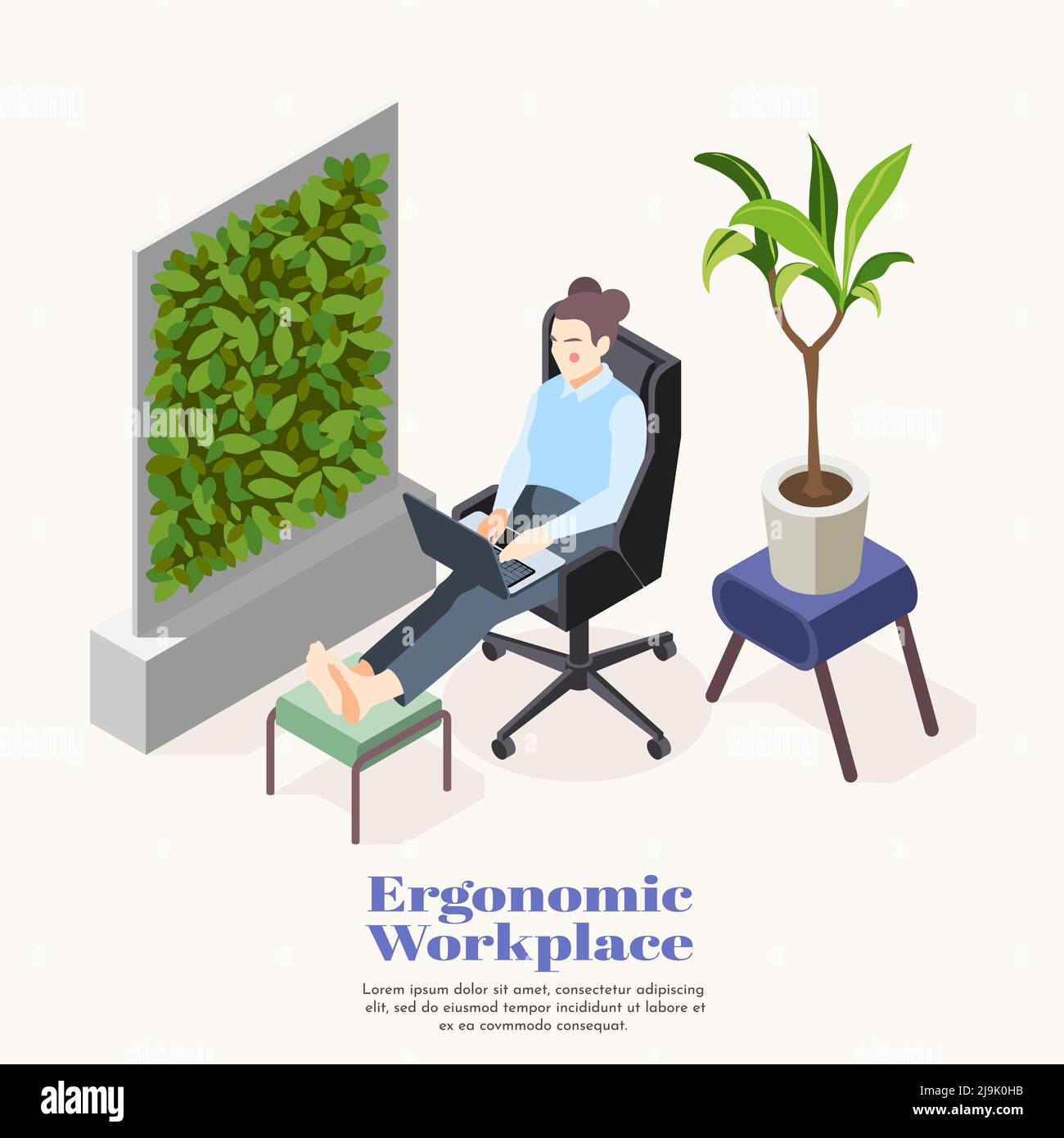 Ergonomic workplace isometric composition with girl working with ...