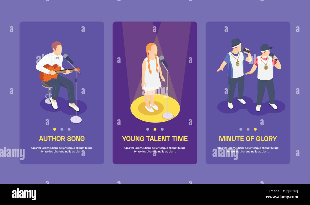 Three isometric banners with people and children singing at tv talent ...