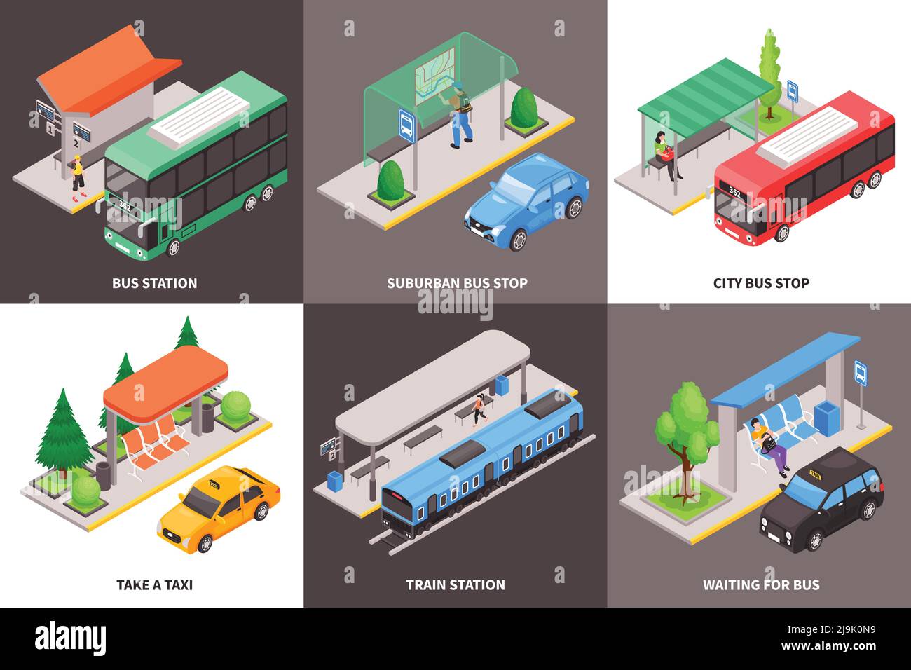 Isometric city public transport stop design concept with text captions ...