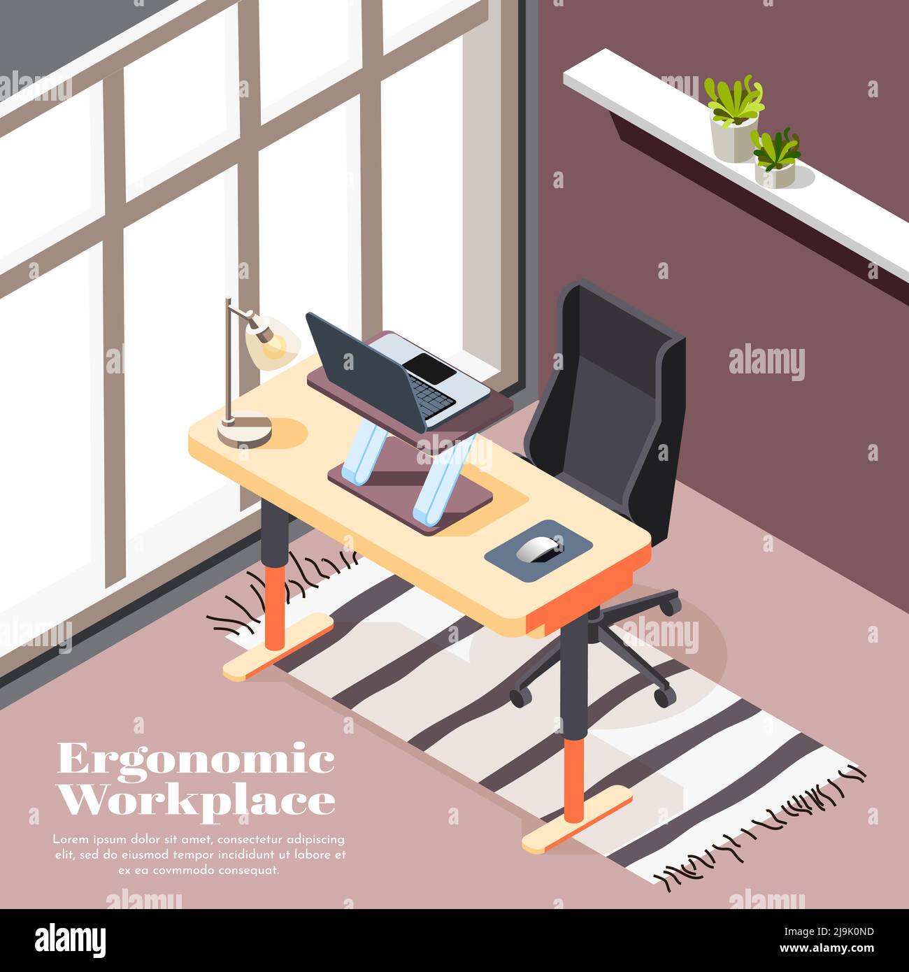 Ergonomic workplace isometric background with desk for laptop and ...