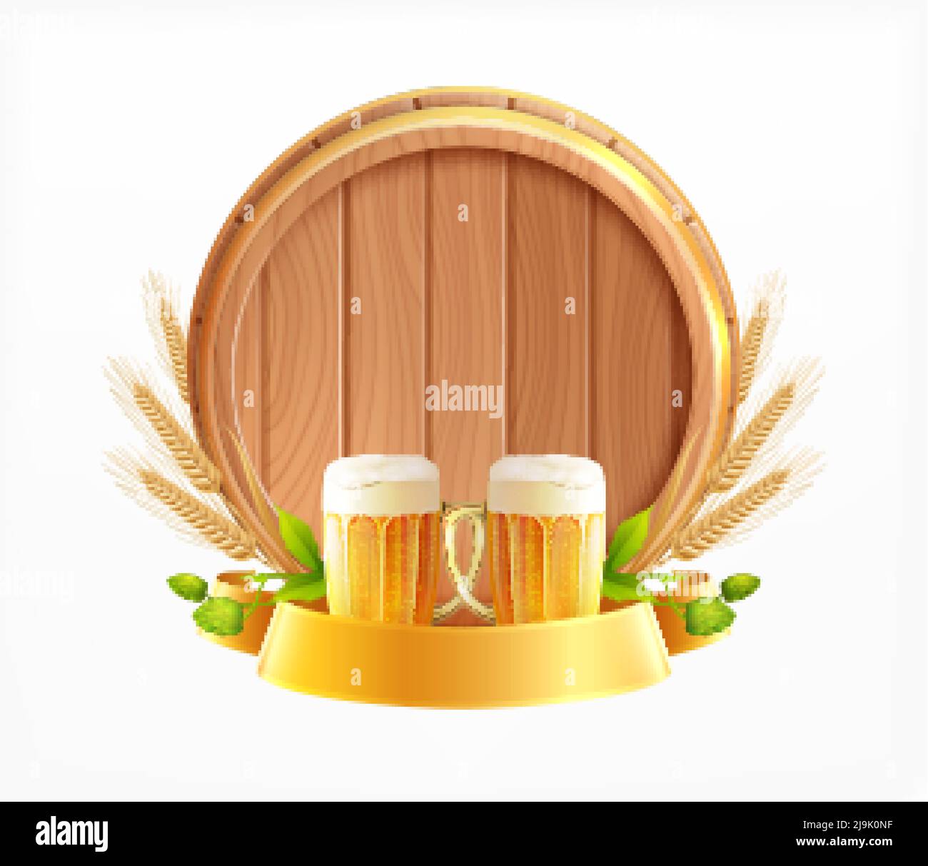 Wooden barrel beer emblem realistic composition with glasses pieces of ...