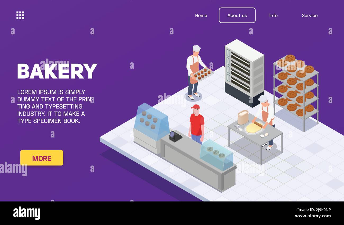 Bakery isometric concept with bakers cashier and shelves with baked ...