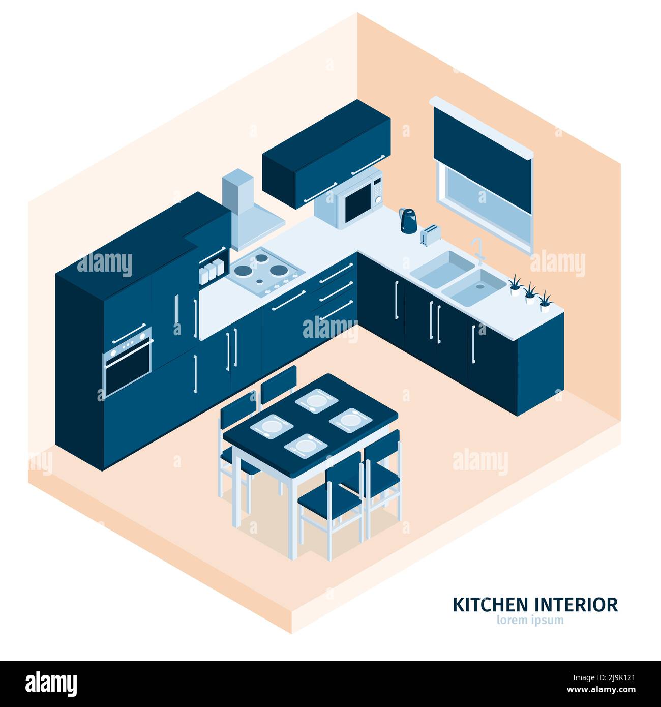 Isometric kitchen composition with text and indoor view of dining place ...