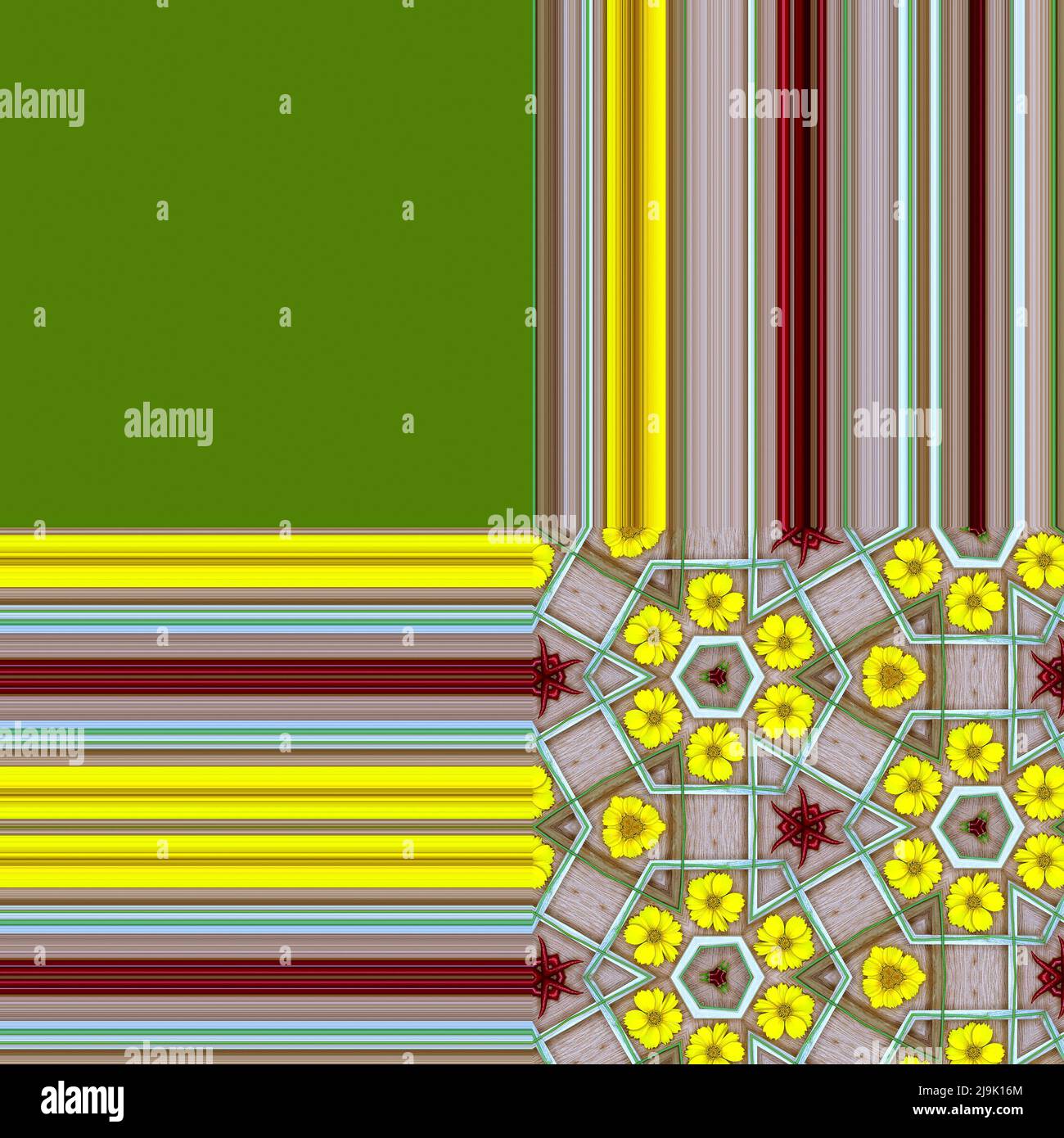 Yellow flowers on timber in a striking green and yellow striped ...