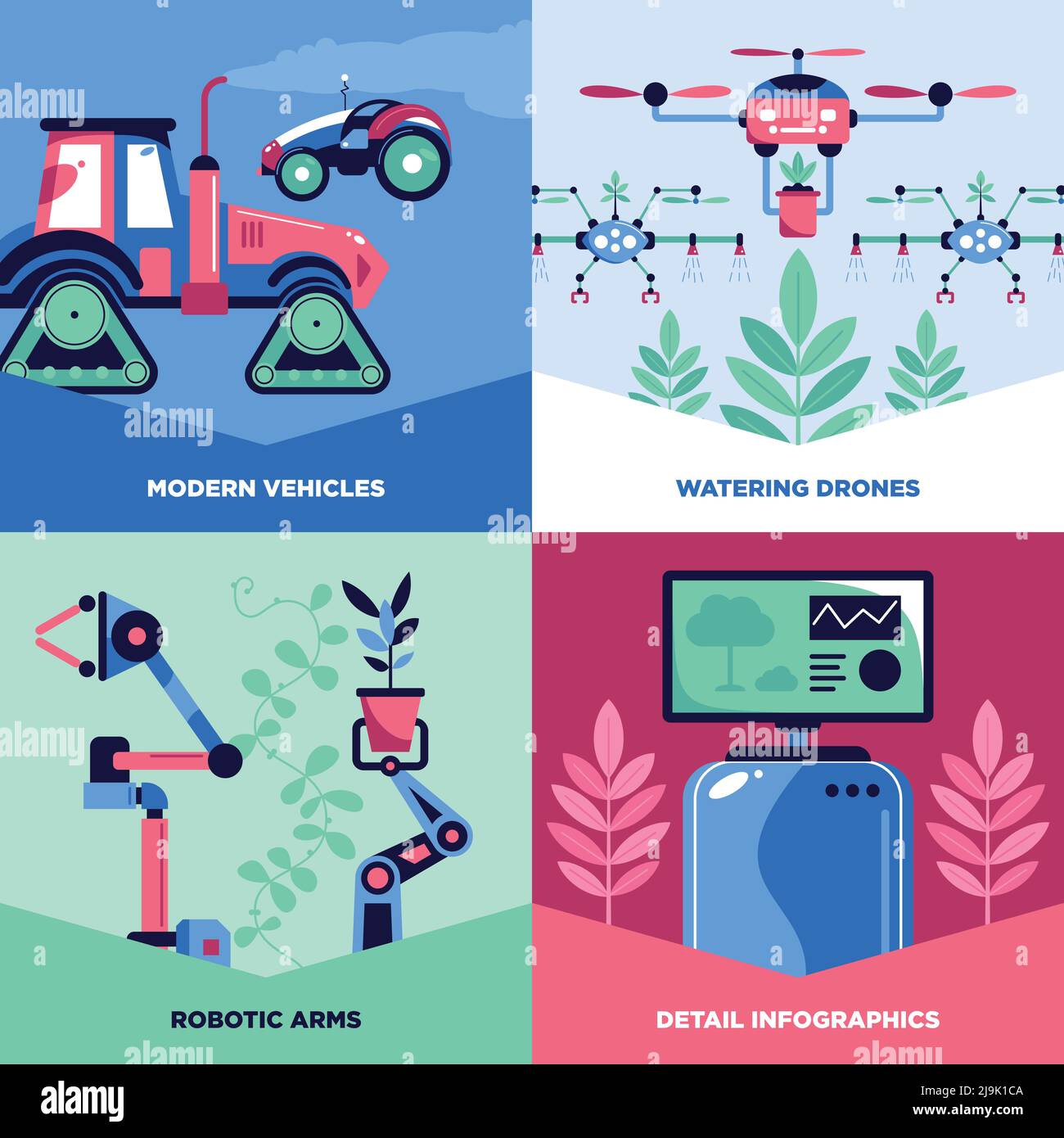 Automated smart garden design concept with set of square banners with ...