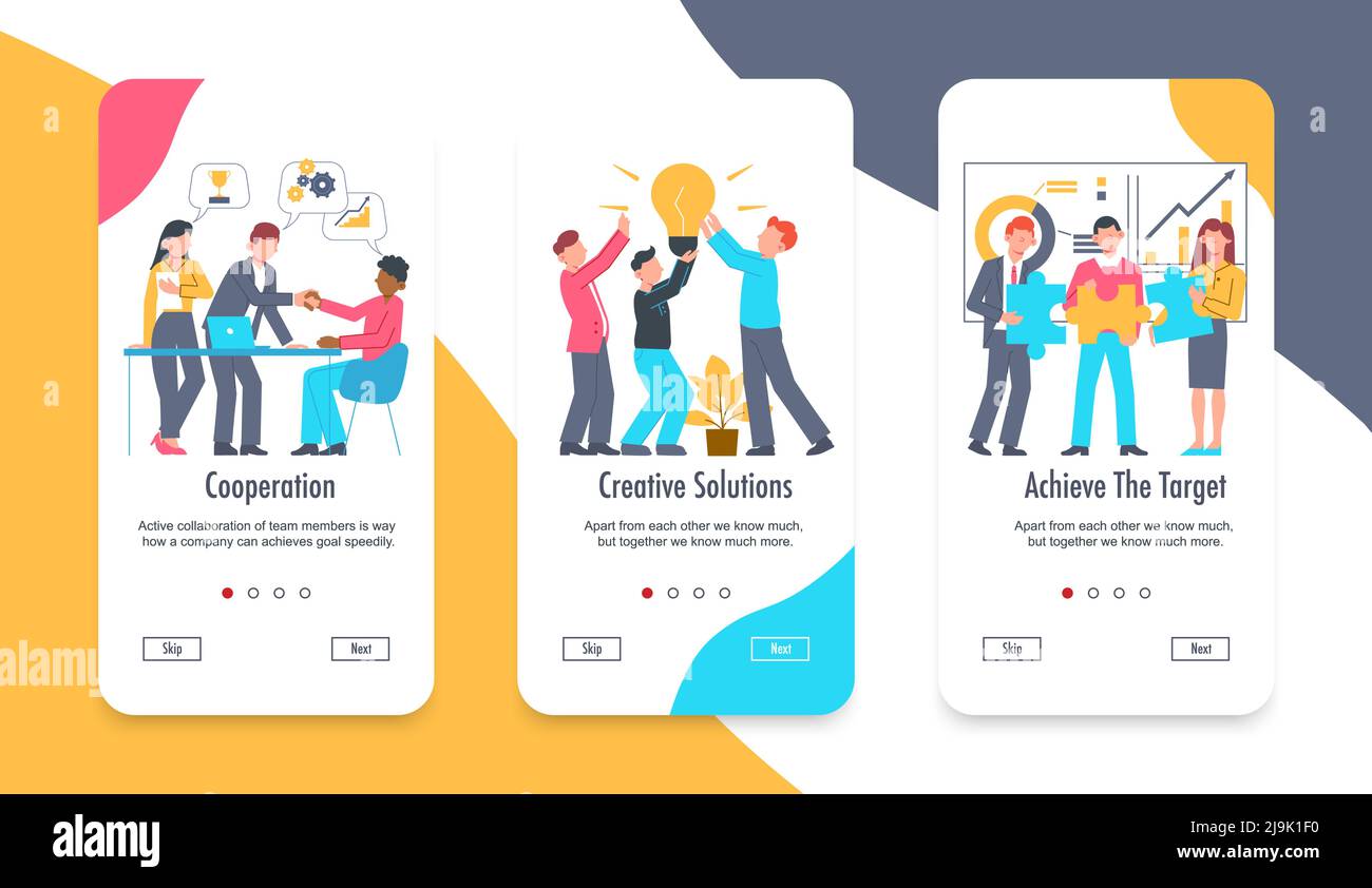 Teamwork set of three vertical banners with page switch buttons human ...
