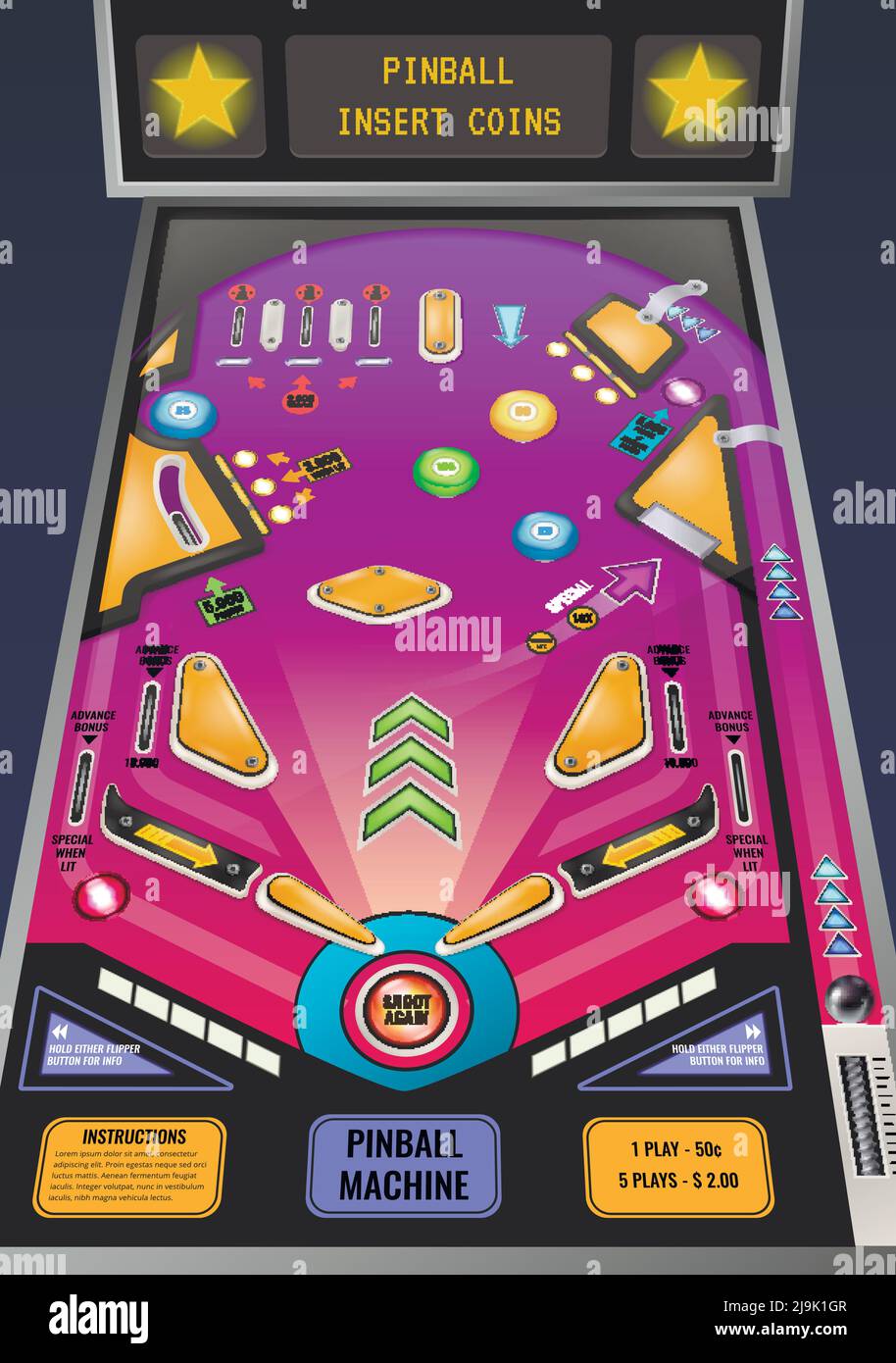 Pinball machine ready to play game realistic composition with flashing ...