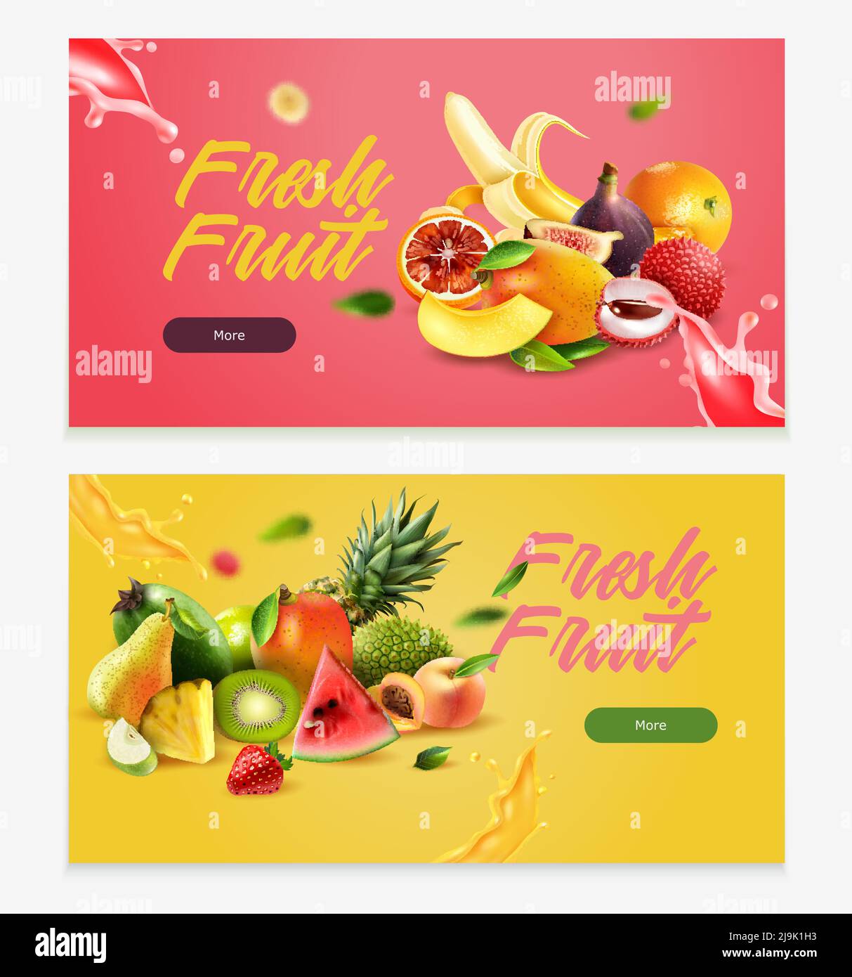 Two horizontal realistic fruits horizontal banner set with fresh fruit ...