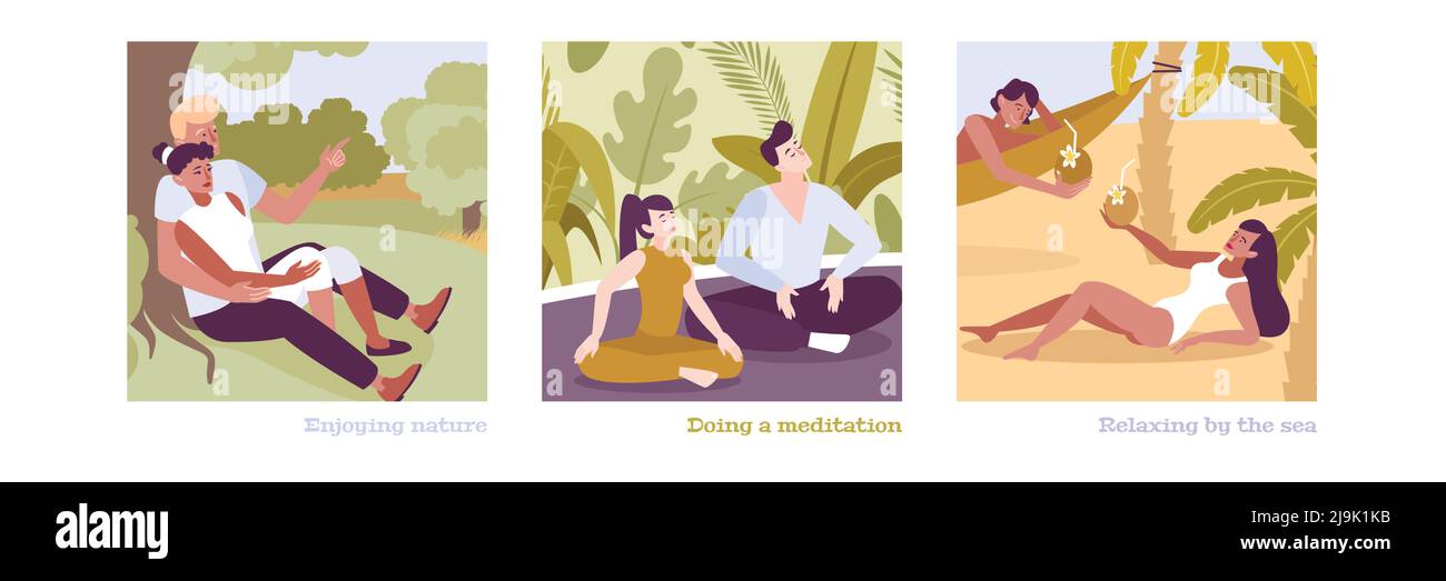 Relax flat illustrations with people enjoying nature doing meditation ...