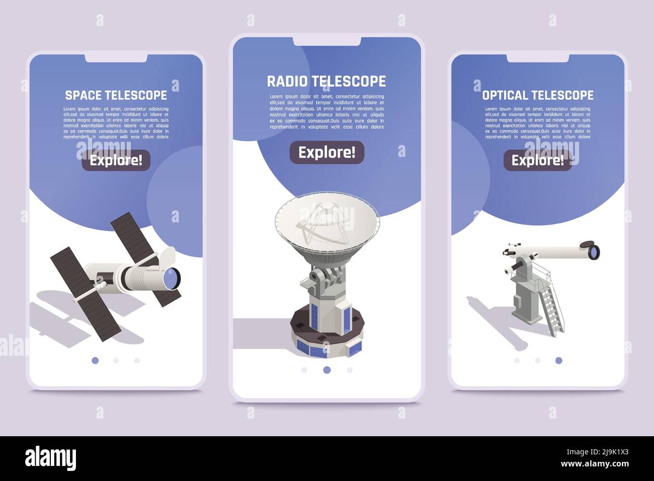 Isometric banners set with professional space radio and optical ...