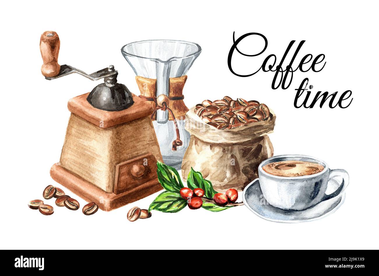 Classic Coffee Grinder, Dripper with cup of coffee and coffee beans ...