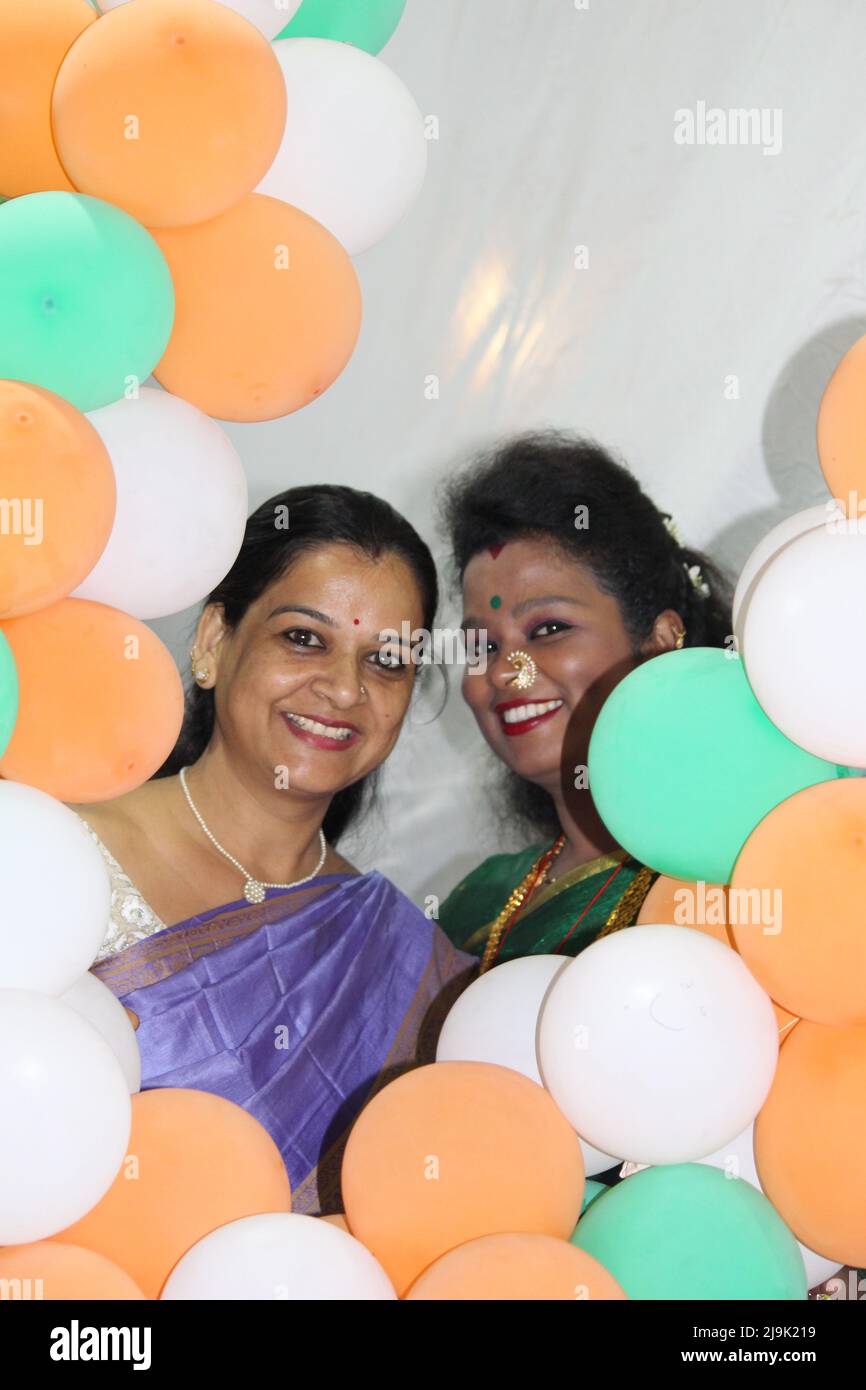 Indian Portrait with tri colour balloons - Saluting national Flag and celebrating Independence ...